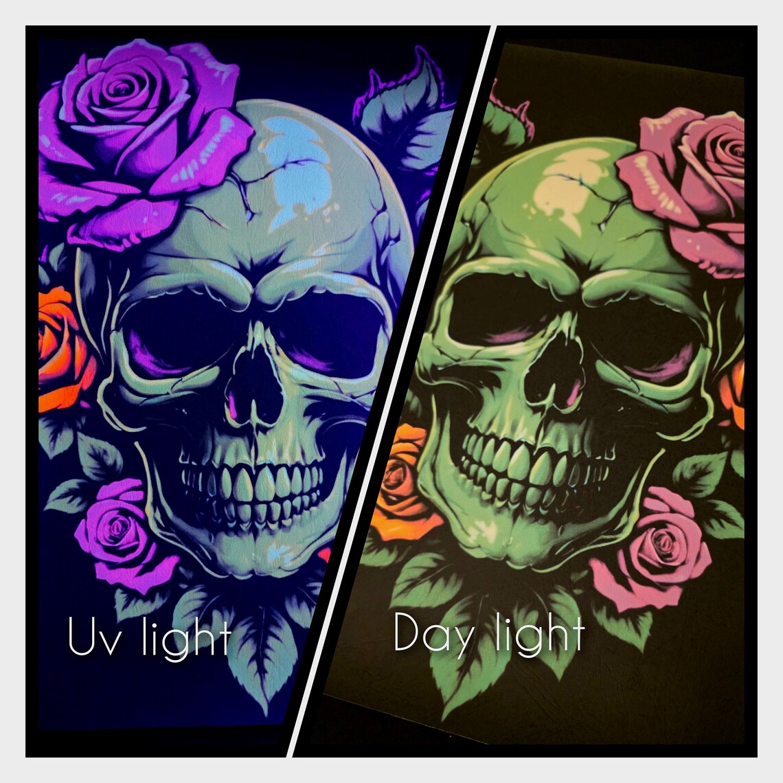 Uv Reactive Skull & Roses print, A4, A3,wall art, poster, neon art, se ...